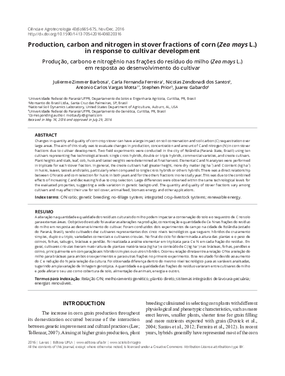 (PDF) Production, carbon and nitrogen in stover fractions of corn ( Zea mays L.) in response to ...
