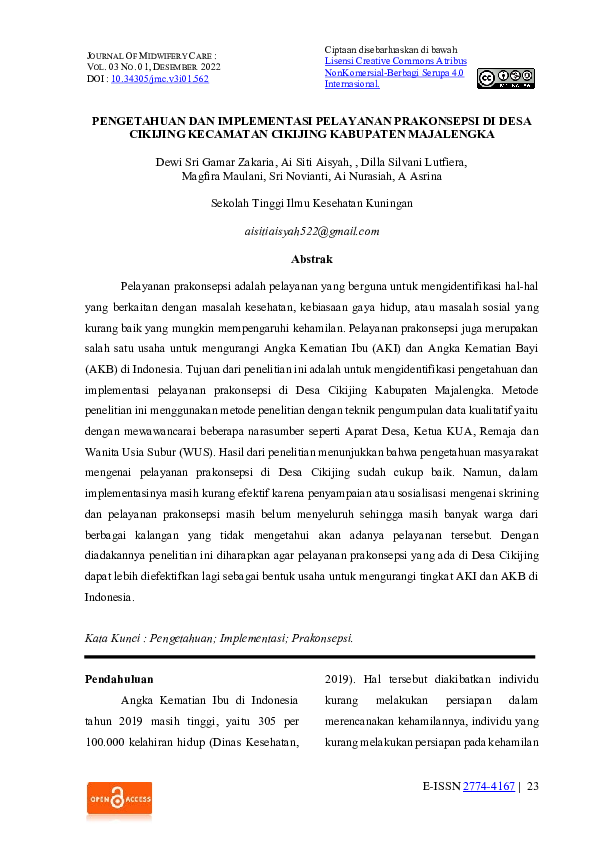 Pdf Pengetahuan Dan Implementasi Pelayanan Prakonsepsi Di Desa