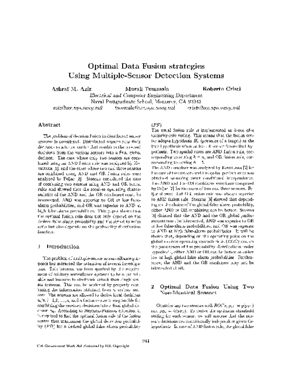 Pdf Optimal Data Fusion Strategies Using Multiple Sensor Detection