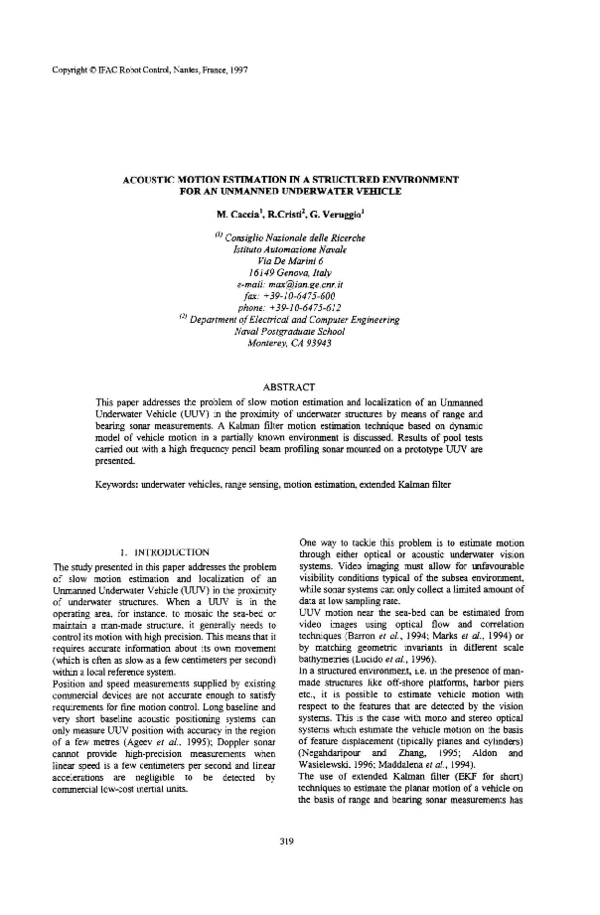 (PDF) Acoustic Motion Estimation in a Structured Environment for an Unmanned Underwater Vehicle ...