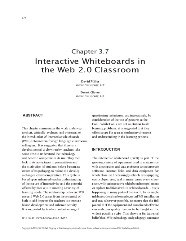 (PDF) Interactive Whiteboards in the Web 2.0 Classroom | Derek C Glover ...
