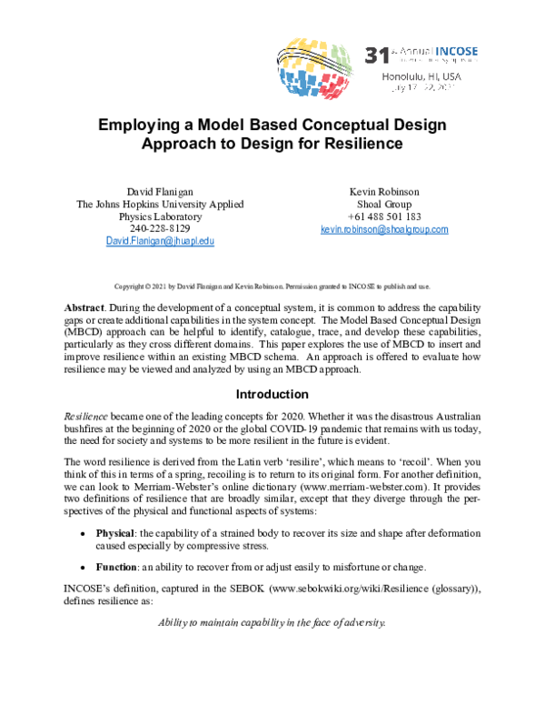 (PDF) Employing a Model Based Conceptual Design Approach to Design for Resilience | Dr. Kevin K ...