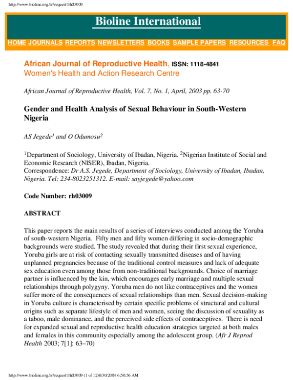 (PDF) Gender and Health Analysis of Sexual Behaviour in South-Western Nigeria | Ayodele Jegede ...