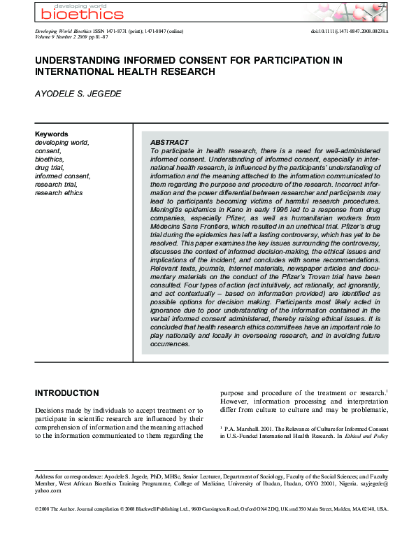 (PDF) Understanding Informed Consent for Participation in International ...