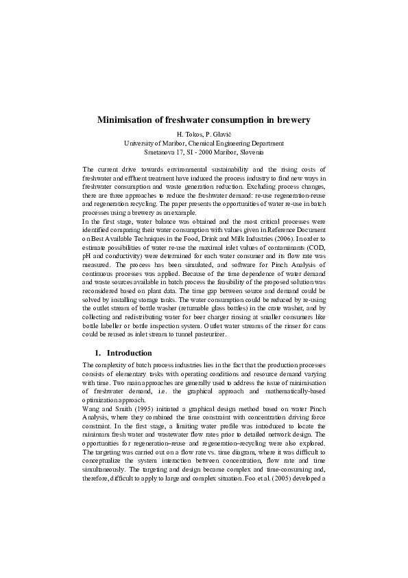 (PDF) Minimisation of Freshwater Consumption in Brewery