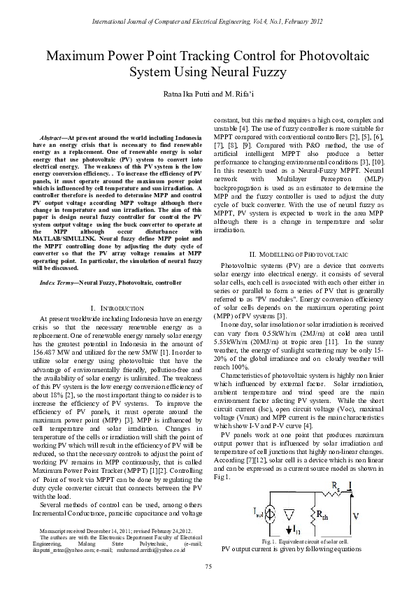 (PDF) Maximum Power Point Tracking Control for Photovoltaic System Using Neural Fuzzy | Said ...