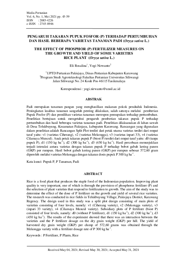 (PDF) PENGARUH TAKARAN PUPUK FOSFOR (P) TERHADAP PERTUMBUHAN DAN HASIL ...