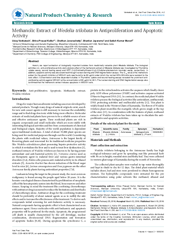 (PDF) Methanolic Extract of Wedelia trilobata in Antiproliferation and Apoptotic Activity