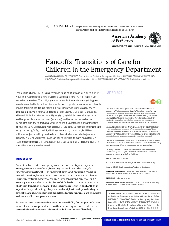 (PDF) Handoffs: Transitions of Care for Children in the Emergency ...