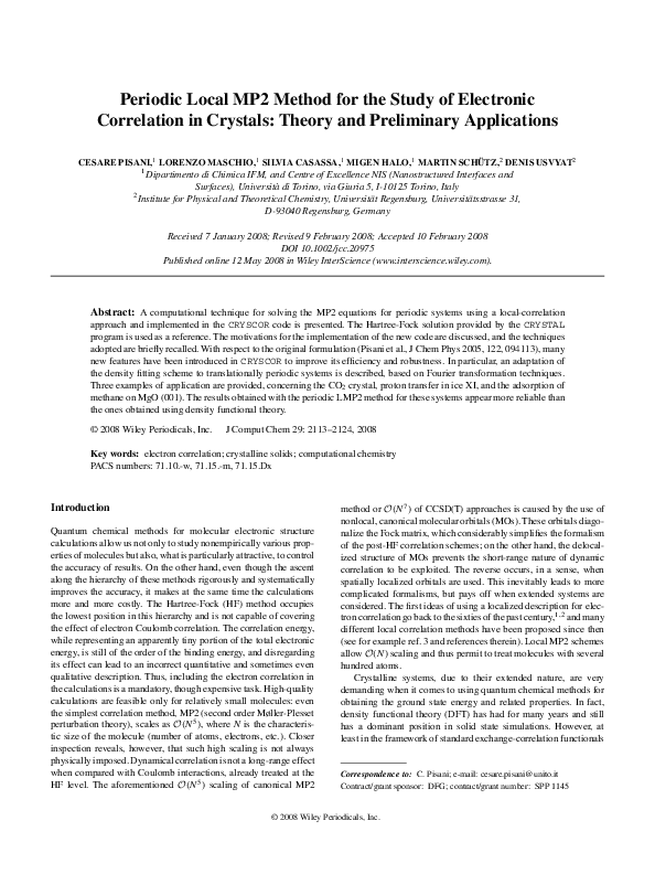 (PDF) Periodic local MP2 method for the study of electronic correlation in crystals: Theory and ...