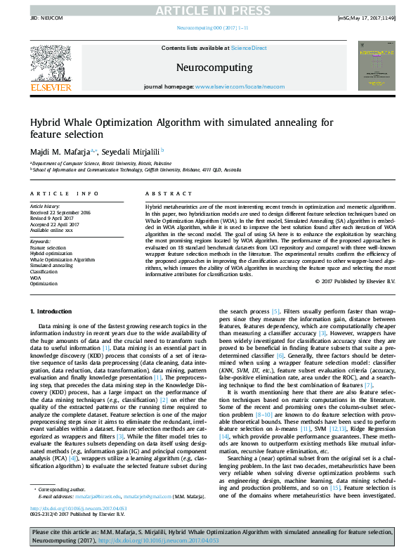 Pdf Hybrid Whale Optimization Algorithm With Simulated Annealing For Feature Selection 