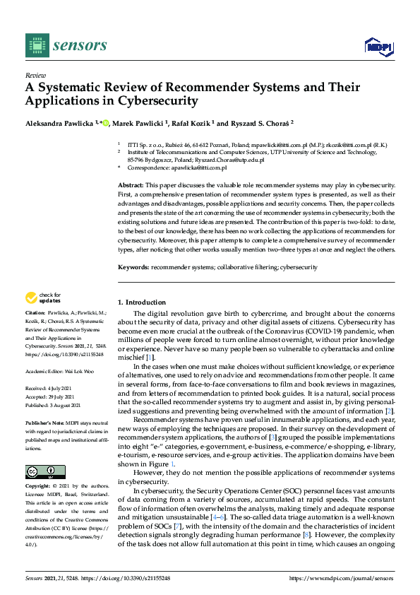 (PDF) A Systematic Review of Recommender Systems and Their Applications in Cybersecurity