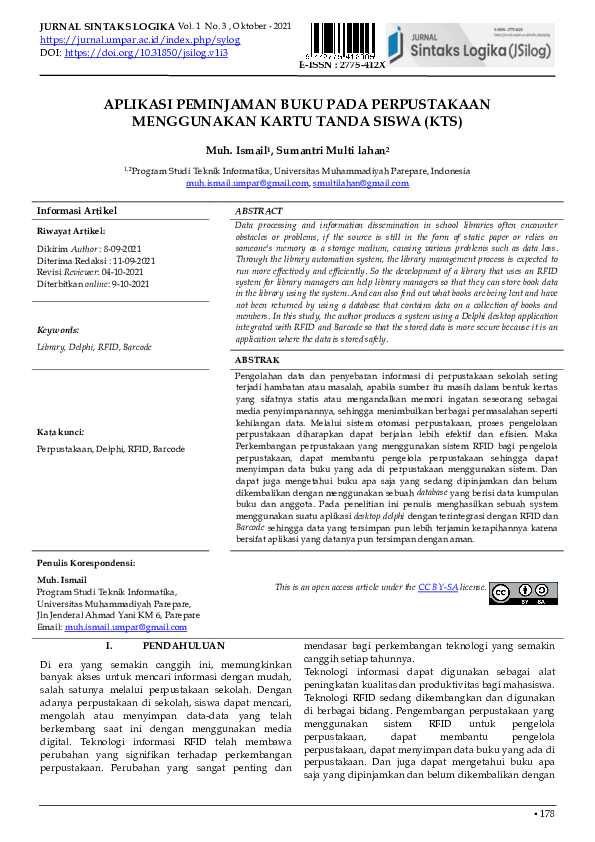 (PDF) Aplikasi Peminjaman Buku Pada Perpustakaan Menggunakan Kartu Tanda Siswa (KTS) | muh ...