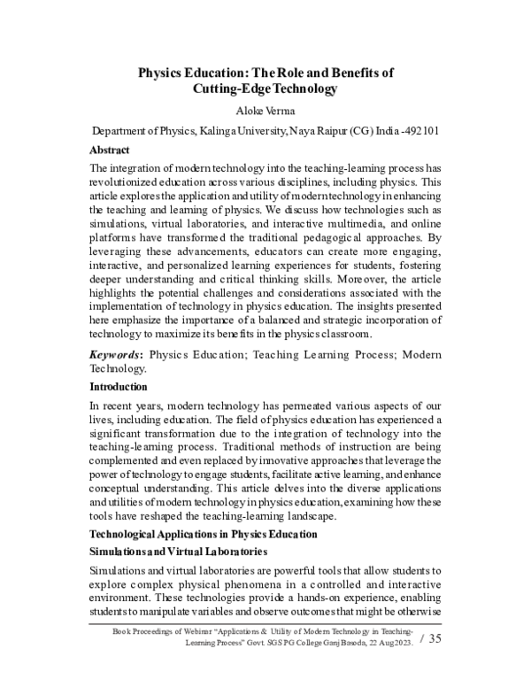 (PDF) Physics Education: The Role and Benefits of Cutting-Edge Technology