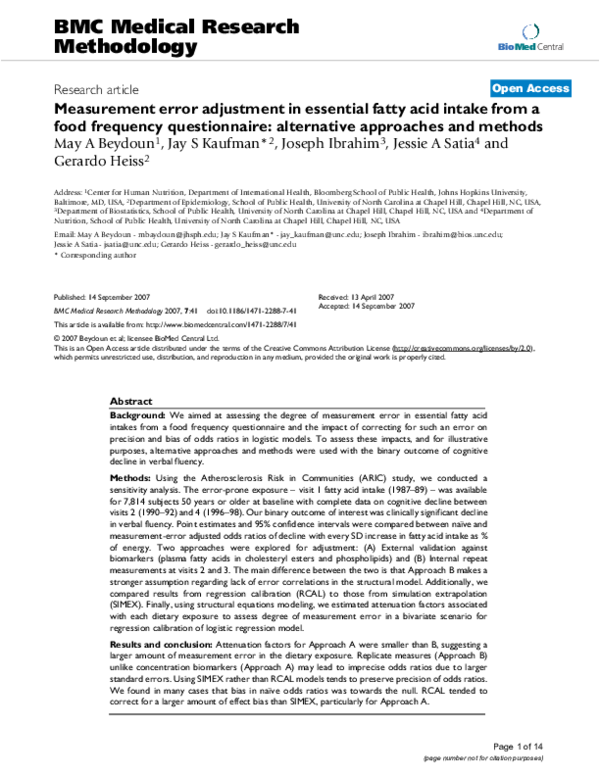 (PDF) Measurement error adjustment in essential fatty acid intake from ...