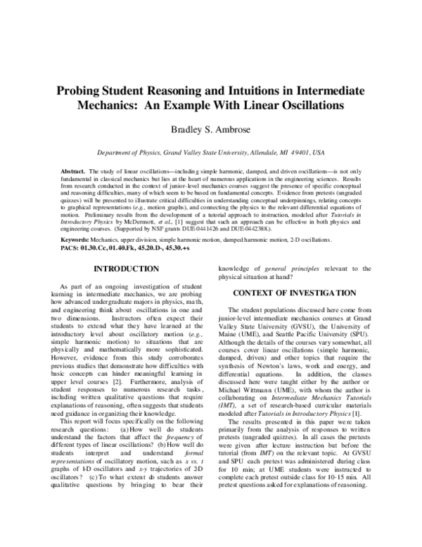 (PDF) Probing Student Reasoning and Intuitions in Intermediate Mechanics: An Example With Linear ...