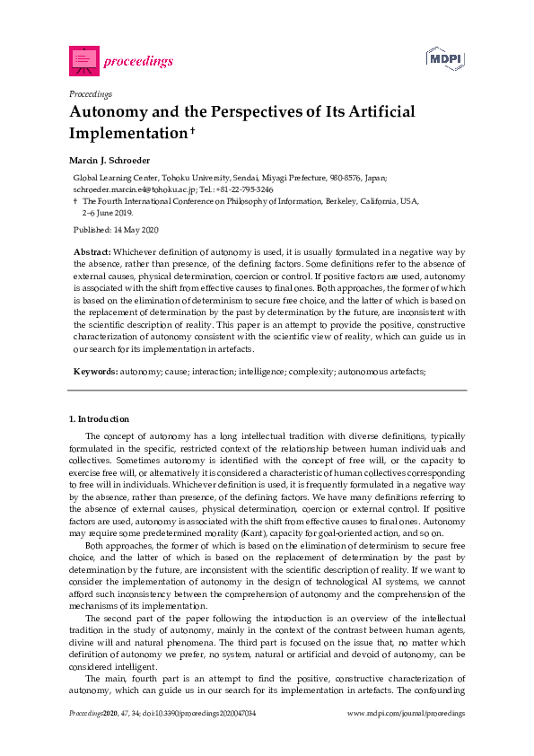 (PDF) Autonomy and the Perspectives of Its Artificial Implementation | Marcin J . Schroeder ...