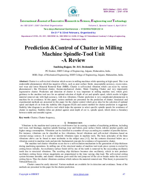 (PDF) Prediction &Control of Chatter in MillingMachine Spindle-Tool Unit-A Review