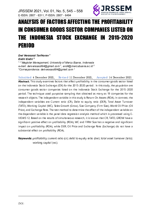 (PDF) Analysis Of Factors Affecting The Profitability In Consumer Goods Sector Companies Listed ...