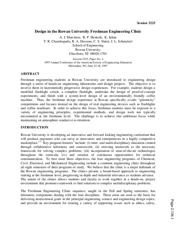 Design In The Rowan University Freshman Engineering Clinic