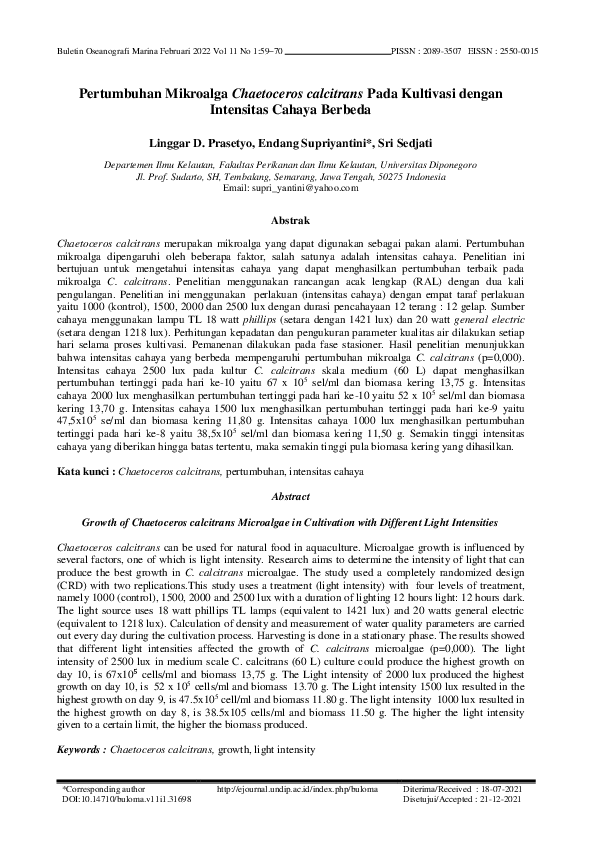 (PDF) Pertumbuhan Mikroalga Chaetoceros calcitrans Pada Kultivasi Dengan Intensitas Cahaya Berbeda