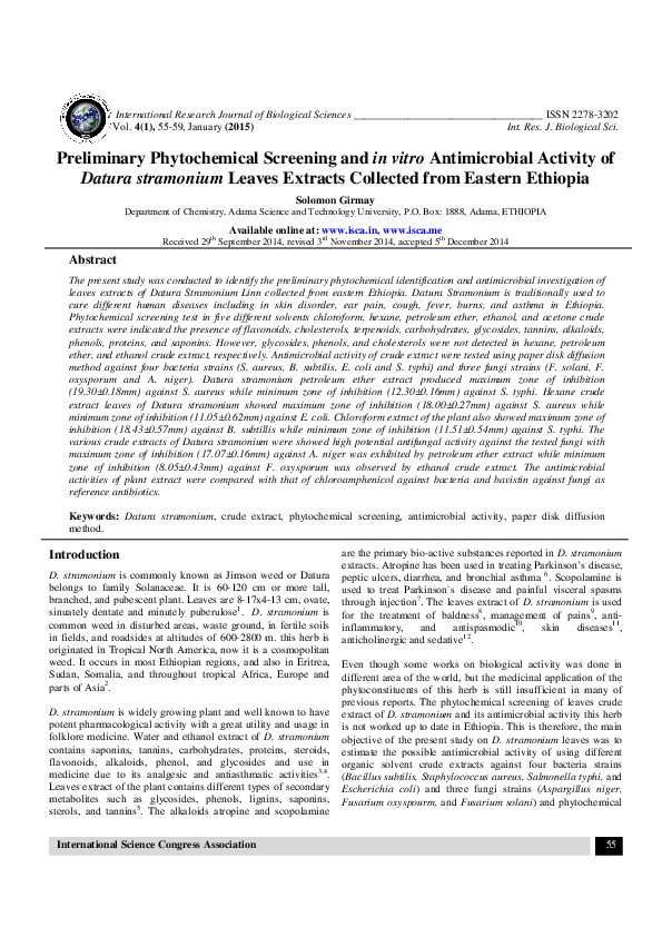 (PDF) Preliminary Phytochemical Screening and in vitro Antimicrobial Activity of Datura ...