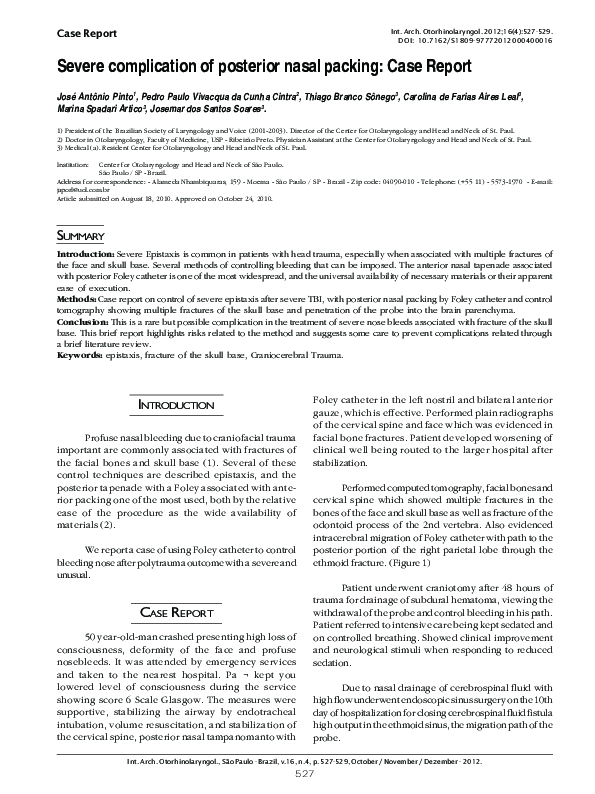 (PDF) Severe complication of posterior nasal packing: Case Report