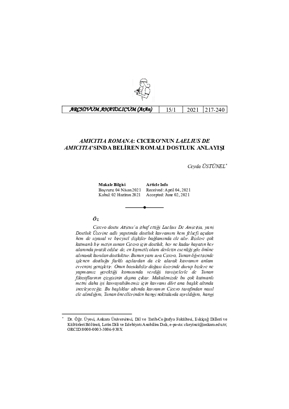 (PDF) Amicitia Romana: Cicero’Nun Laelius De Amicitia’Sinda Beli̇ren ...