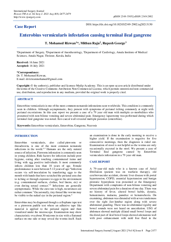 (PDF) Enterobius vermicularis infestation causing terminal ileal gangrene