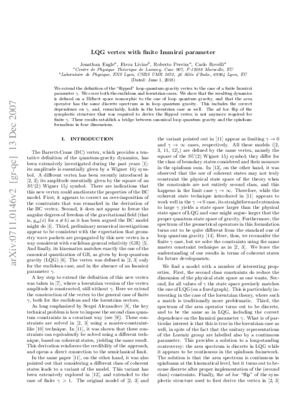 (PDF) LQG vertex with finite Immirzi parameter | Carlo Rovelli - Academia.edu