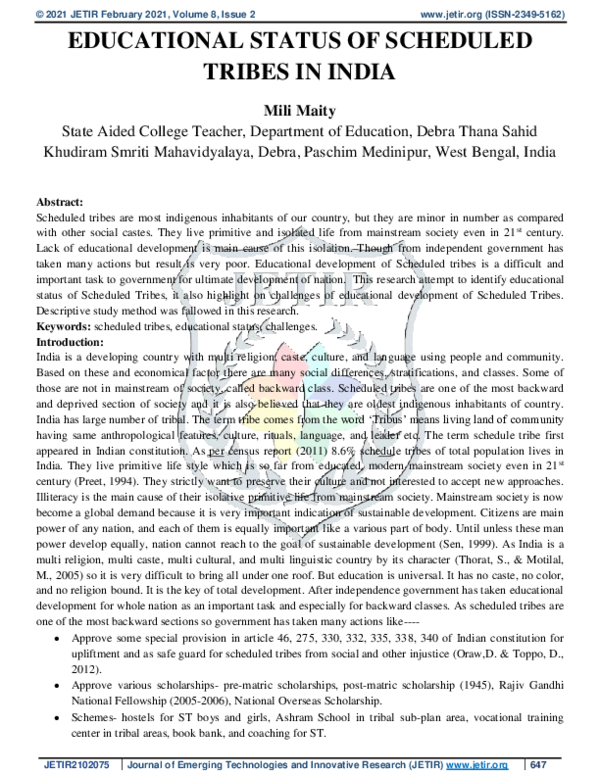(PDF) Educational Status of Scheduled Tribes in India