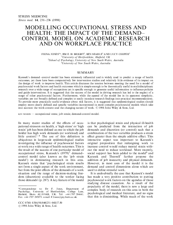 (PDF) Modelling occupational stress and health: the impact of the ...