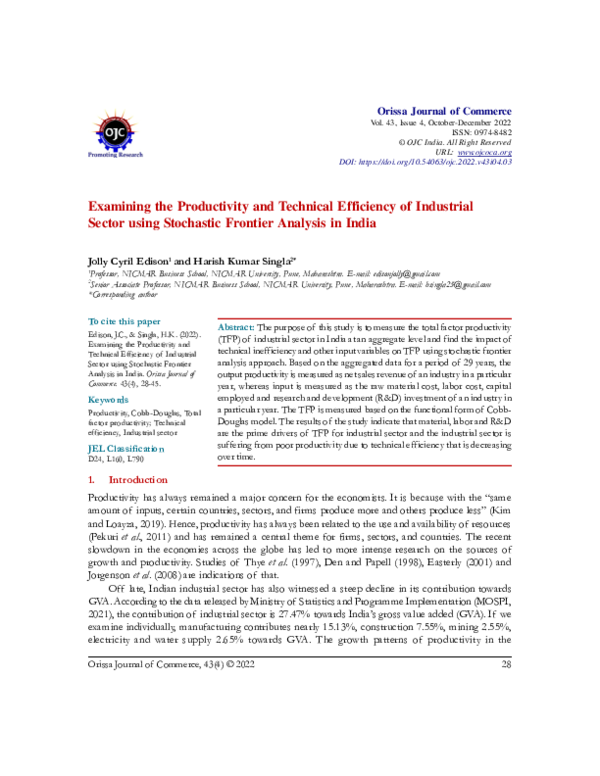 (PDF) Examining the Productivity and Technical Efficiency of Industrial Sector using Stochastic ...