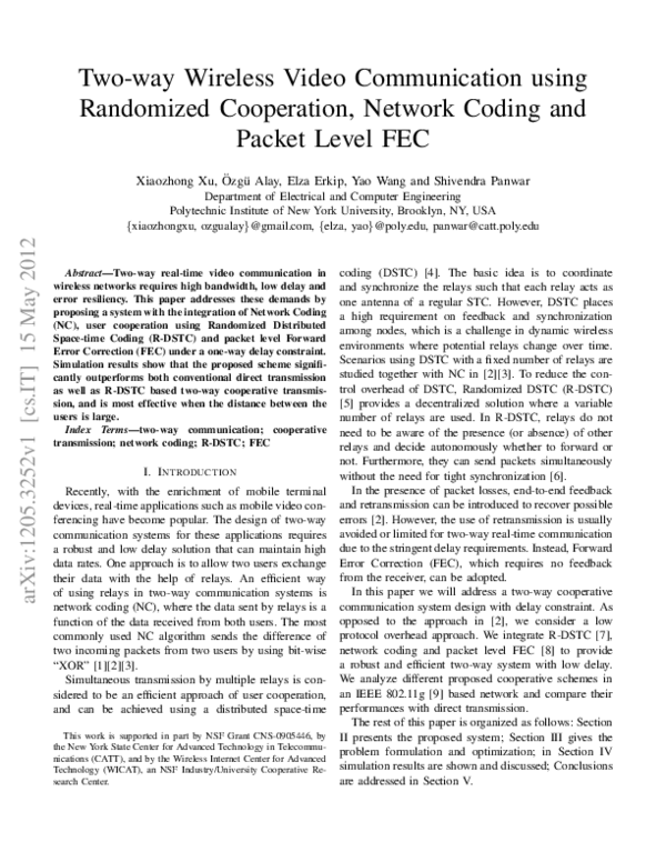 (PDF) Two-way Wireless Video Communication using Randomized Cooperation, Network Coding and ...
