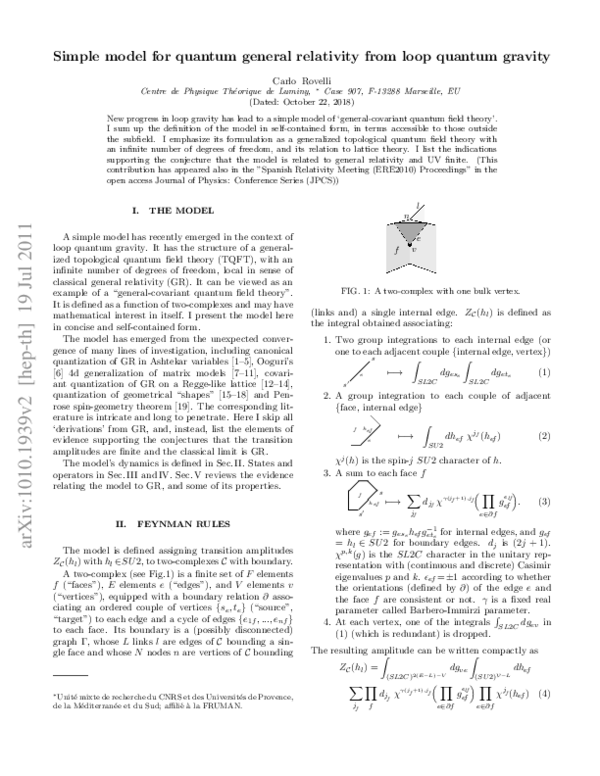 (PDF) Simple model for quantum general relativity from loop quantum gravity