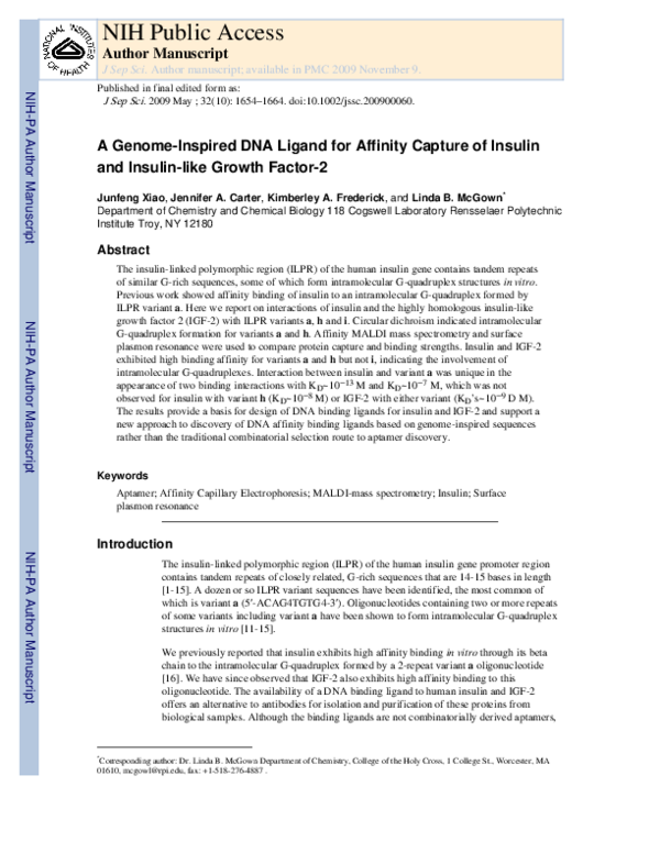 Pdf A Genome‐inspired Dna Ligand For The Affinity Capture Of Insulin