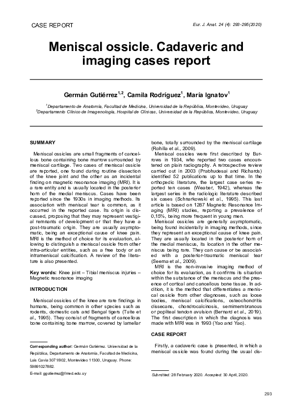 (PDF) Meniscal ossicle: Cadaveric and imaging cases report