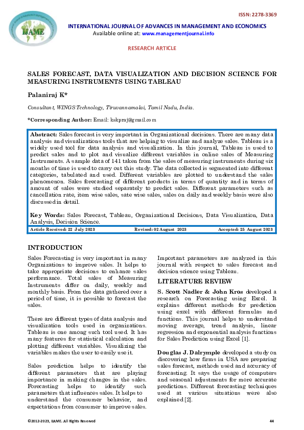 Pdf Sales Forecasting Of Measuring Instruments Using Tableau