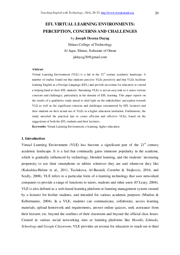 (PDF) Efl Virtual Learning Environments: Perception, Concerns and Challenges