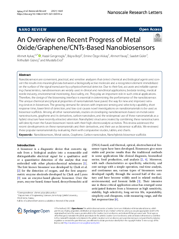 (PDF) An Overview on Recent Progress of Metal Oxide/Graphene/CNTs-Based Nanobiosensors