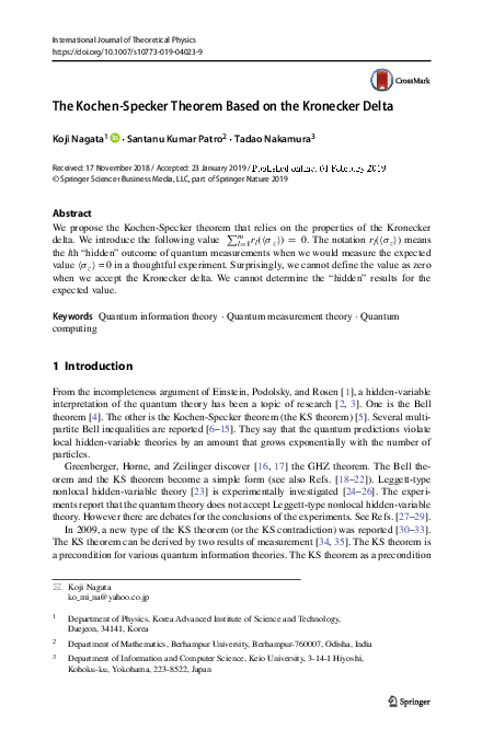 Pdf The Kochen Specker Theorem Based On The Kronecker Delta