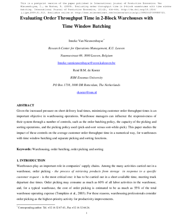 (PDF) Evaluating order throughput time in 2-block warehouses with time ...