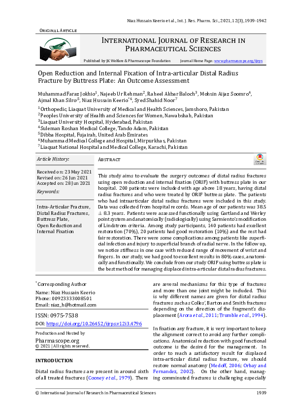 Pdf Open Reduction And Internal Fixation Of Intra Articular Distal