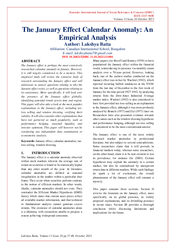 (PDF) The January Effect Calendar Anomaly: An Empirical Analysis