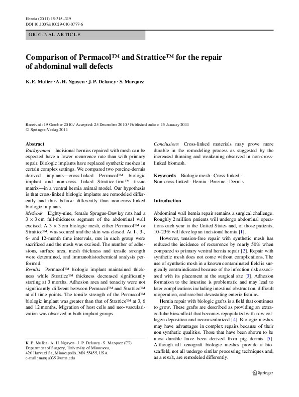 (PDF) Comparison of Permacol™ and Strattice™ for the repair of ...
