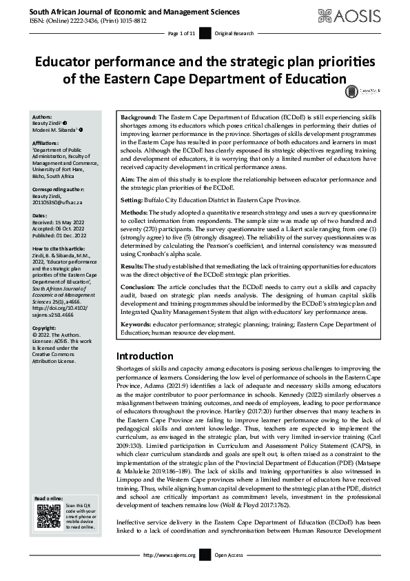 (PDF) Educator performance and the strategic plan priorities of the Eastern Cape Department of ...