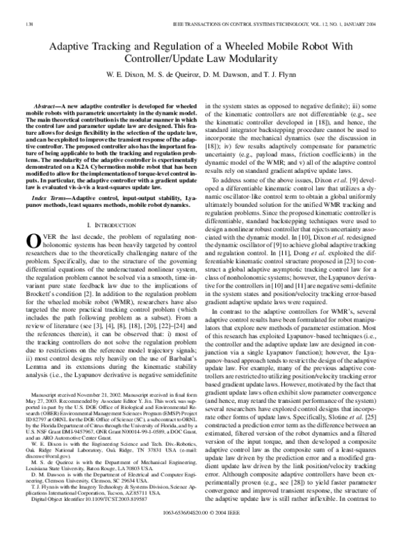 (PDF) Adaptive Tracking and Regulation of a Wheeled Mobile Robot With Controller/Update Law ...