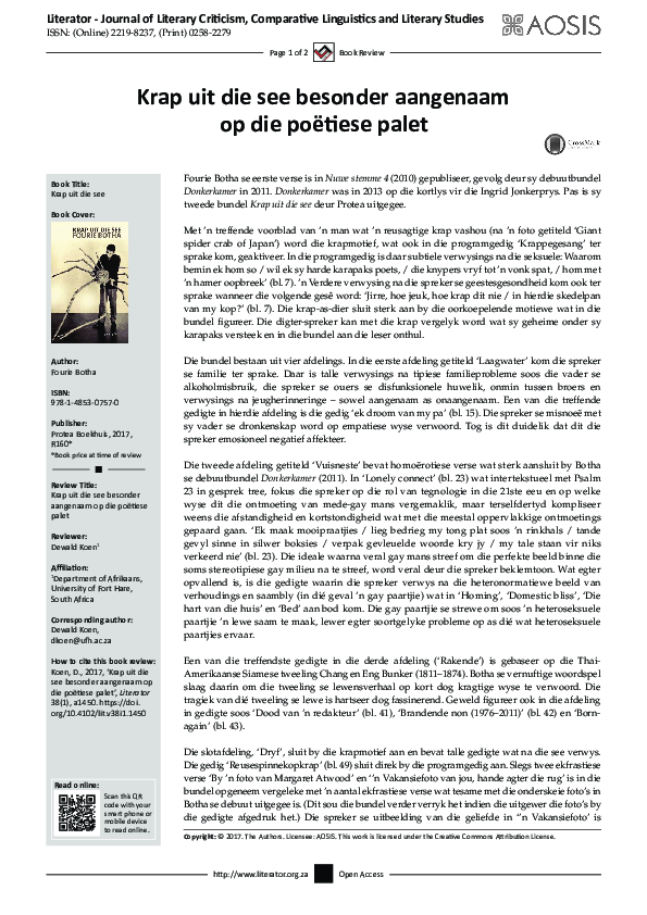 (PDF) Resensie: Krap uit die see besonder aangenaam op die poëtiese palet