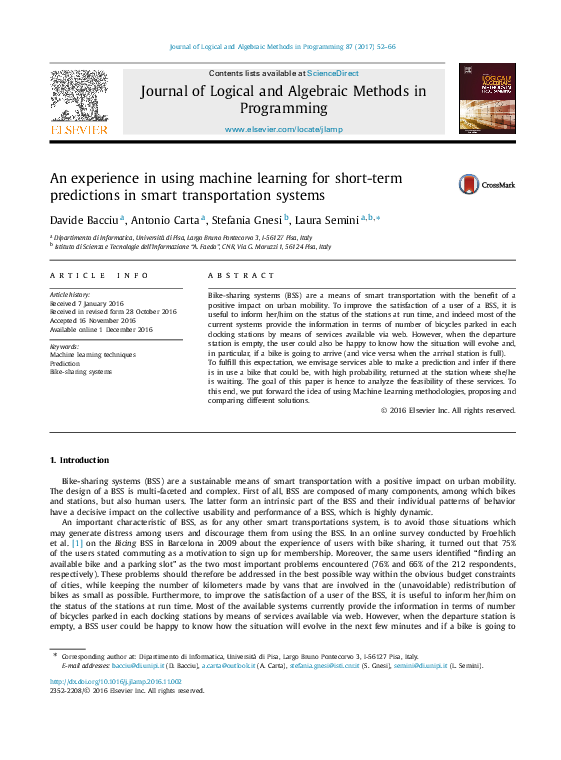 (PDF) An experience in using machine learning for short-term predictions in smart transportation ...
