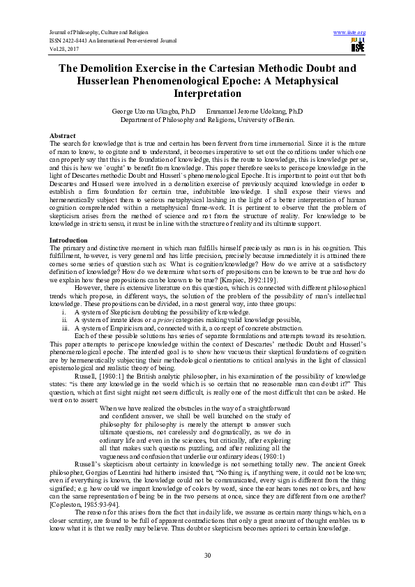 (PDF) The Demolition Exercise in the Cartesian Methodic Doubt and ...